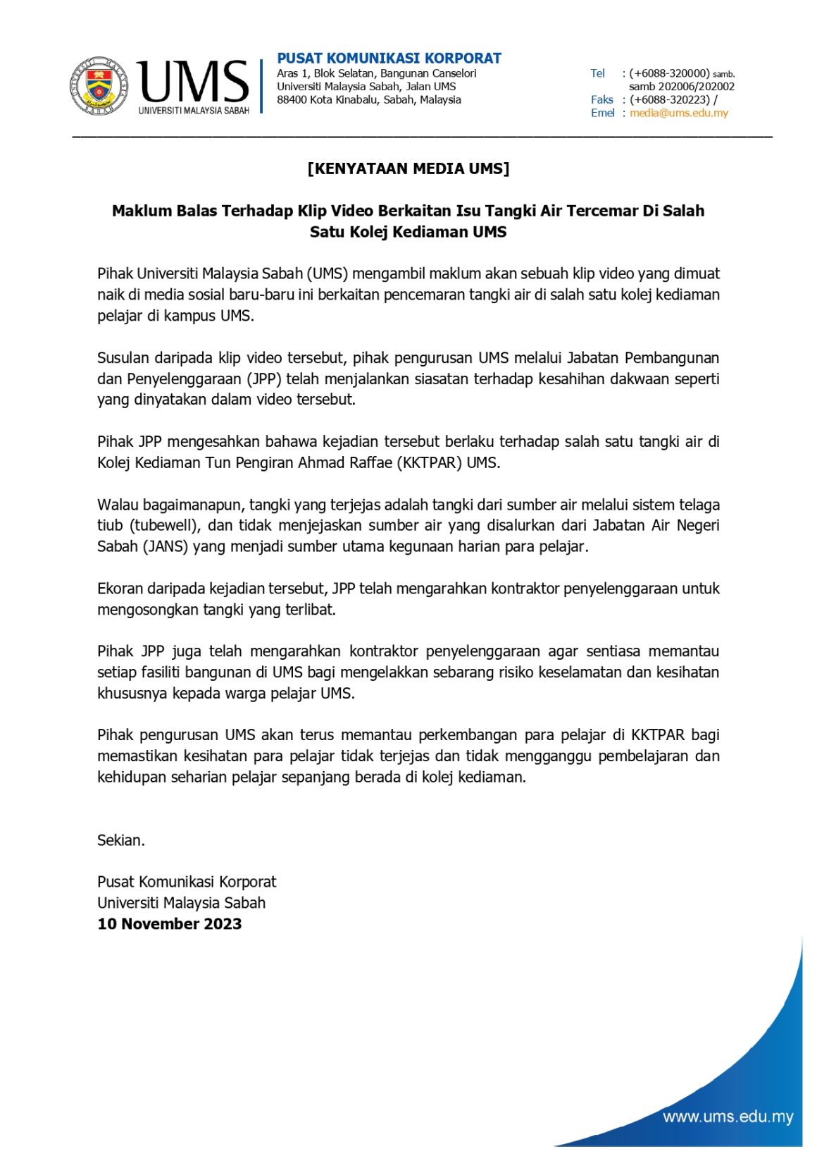 'Tangki yang terjejas adalah tangki dari sumber tiubwell & tak jejaskan ...