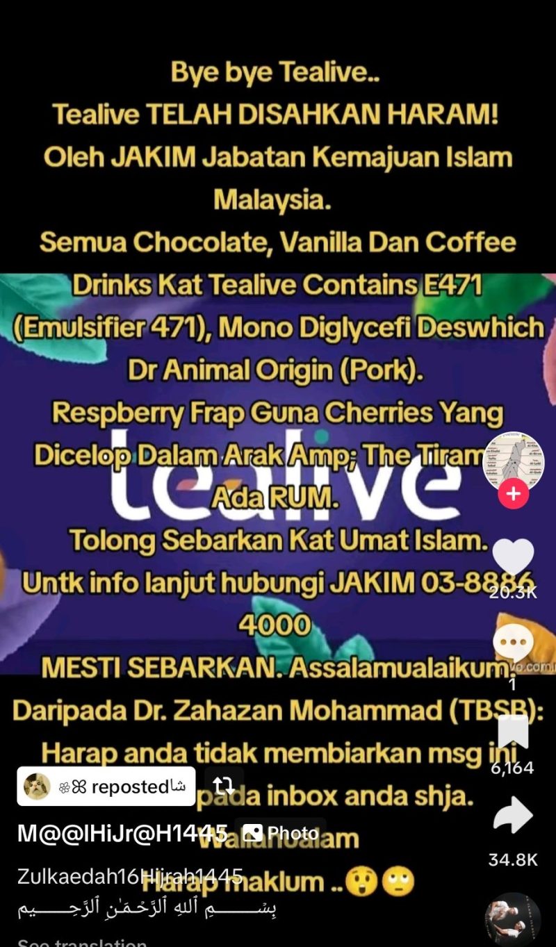 'Tealive pemegang Sijil Pengesahan Halal Malaysia yang masih sah ...